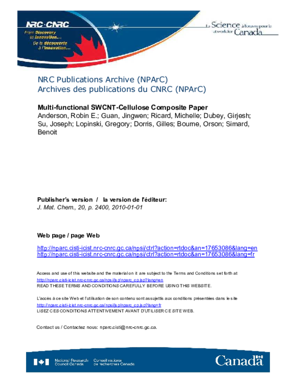 Pdf Multifunctional Single Walled Carbon Nanotube Cellulose Composite