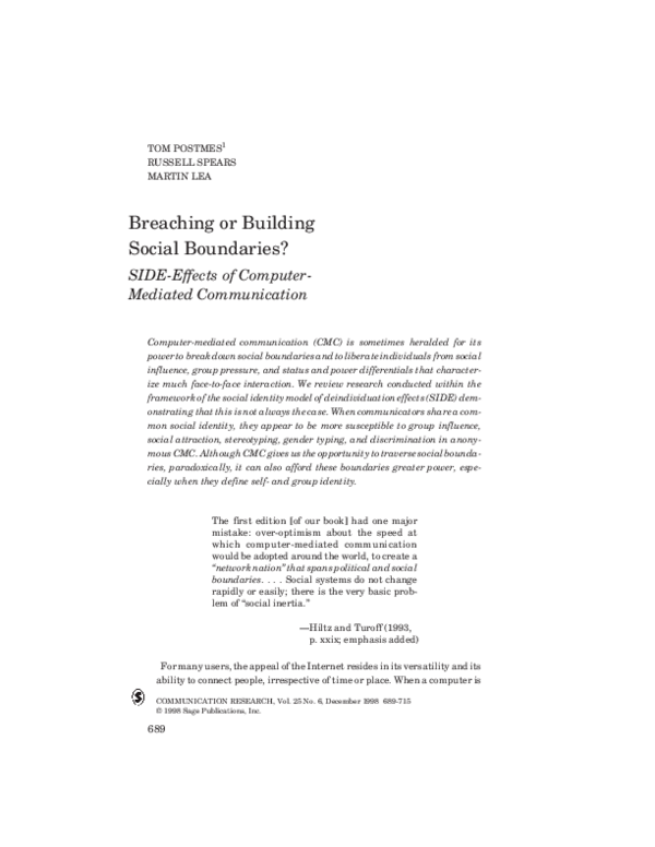(PDF) Breaching or Building Social Boundaries?SIDE-Effects of Computer ...