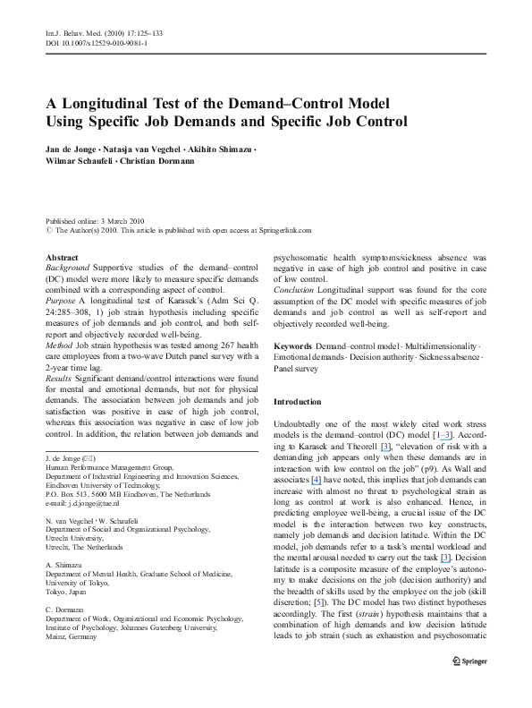(PDF) A Longitudinal Test of the Demand–Control Model Using Specific ...