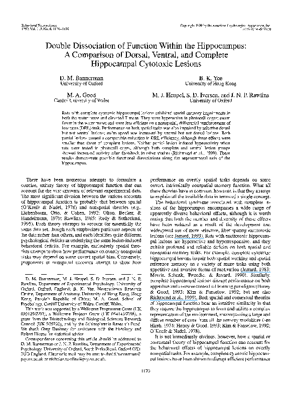 (PDF) Double Dissociation of Function Within the Hippocampus: Spatial Memory and Hyponeophagia