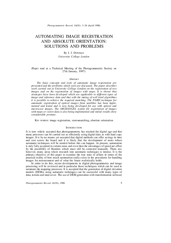 (PDF) Automating Image Registration and Absolute Orientation: Solutions ...