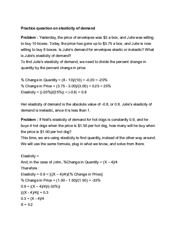 (DOC) Practice question on elasticity of demand