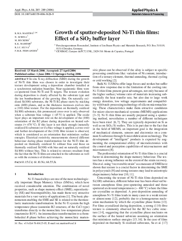 Pdf Growth Of Sputter Deposited Ni Ti Thin Films Effect Of A Sio 2 Buffer Layer