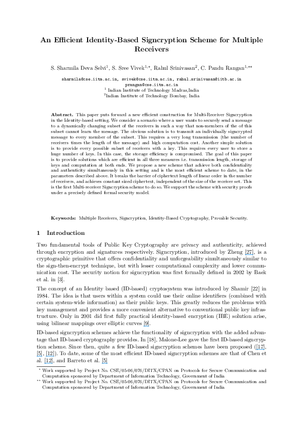 (PDF) An Efficient Identity-Based Signcryption Scheme for Multiple Receivers