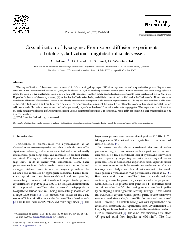 (PDF) Crystallization of lysozyme: From vapor diffusion experiments to ...