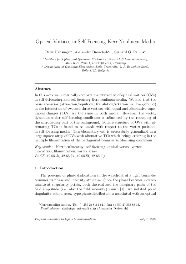 (PDF) Optical vortices in self-focusing Kerr nonlinear media