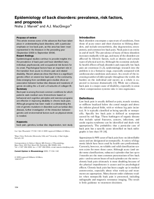(PDF) Epidemiology of back disorders: prevalence, risk factors, and ... (PDF) Epidemiology of back disorders: prevalence, risk factors, and ...