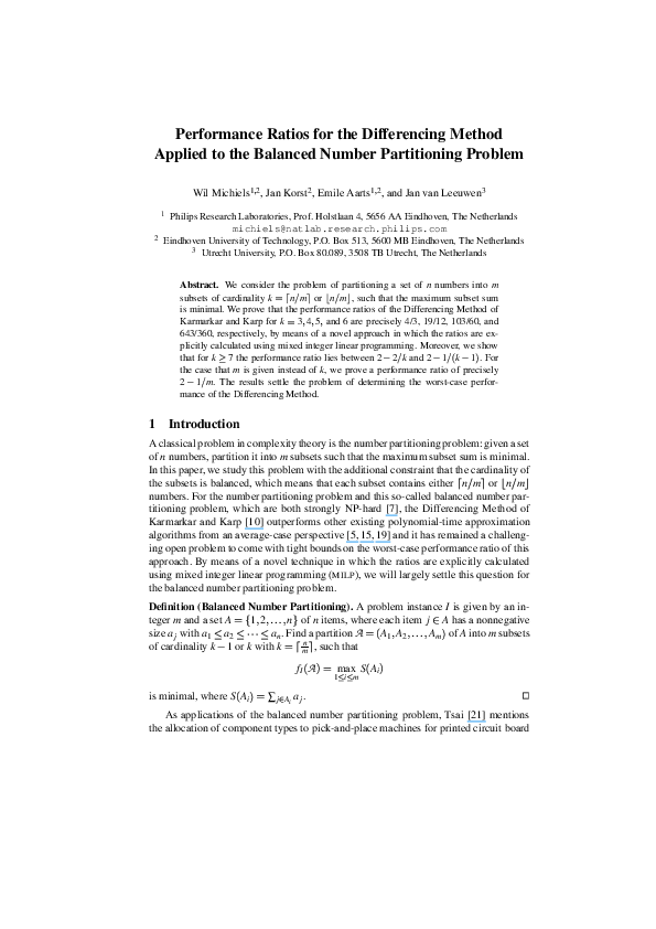 (PDF) Performance Ratios for the Differencing Method Applied to the Balanced Number Partitioning ...