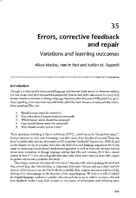 (PDF) Errors, corrective feedback and repair Variations and learning ...