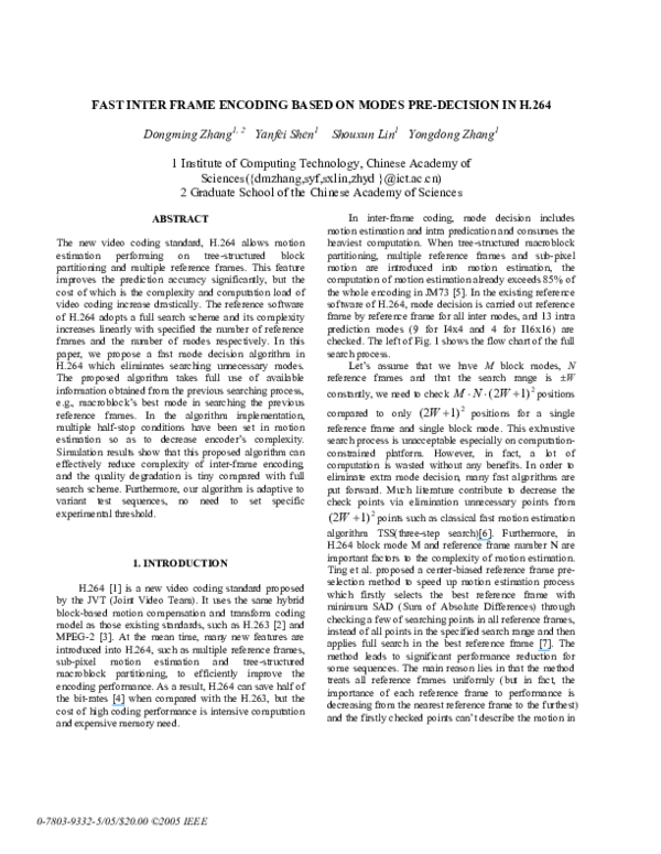 Pdf Fast Inter Frame Encoding Based On Modes Pre Decision In H 264