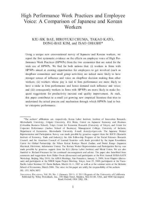 (PDF) High Performance Work Practices and Employee Voice: A Comparison of Japanese and Korean ...