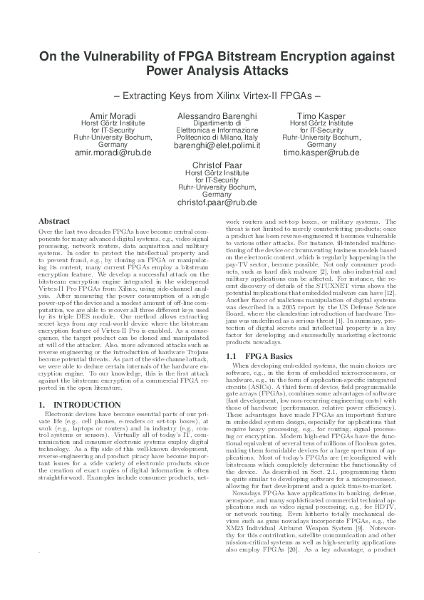 Pdf On The Vulnerability Of Fpga Bitstream Encryption Against Power Analysis Attacks 