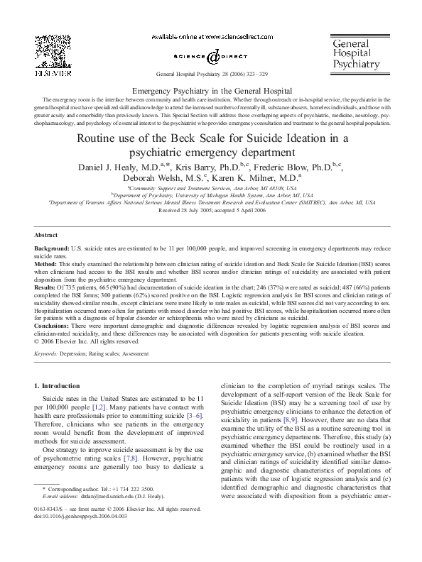 (PDF) Routine use of the Beck Scale for Suicide Ideation in a ...