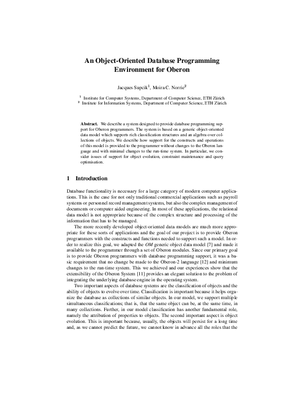 (PDF) An Object-Oriented Database Programming Environment for Oberon
