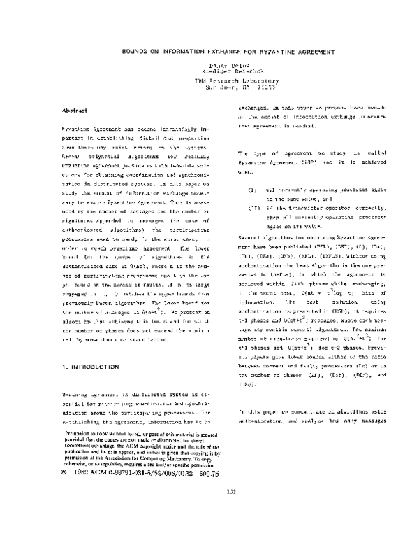 (PDF) Bounds on information exchange for byzantine agreement Danny ...