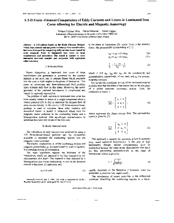Pdf A 3 D Finite Element Computation Of Eddy Currents And Losses In Laminated Iron Cores
