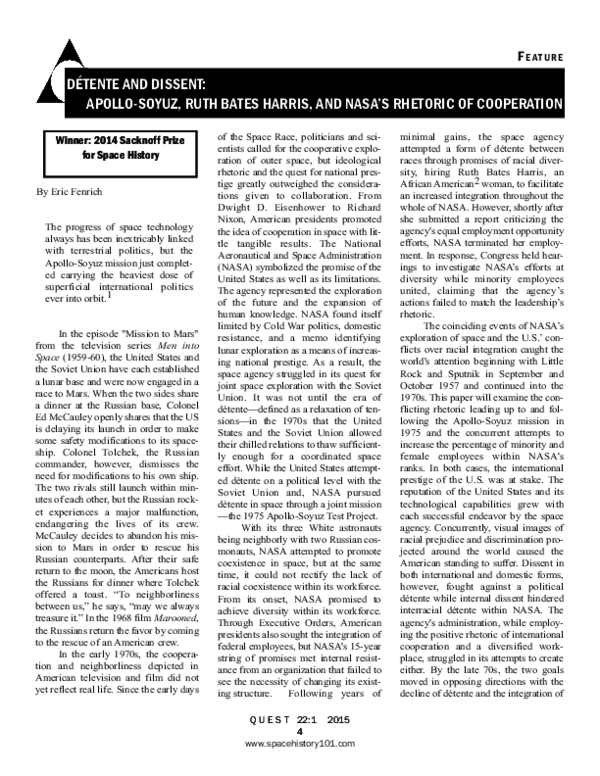 (PDF) Détente and Dissent: Apollo-Soyuz, Ruth Bates Harris, and NASA’s ...