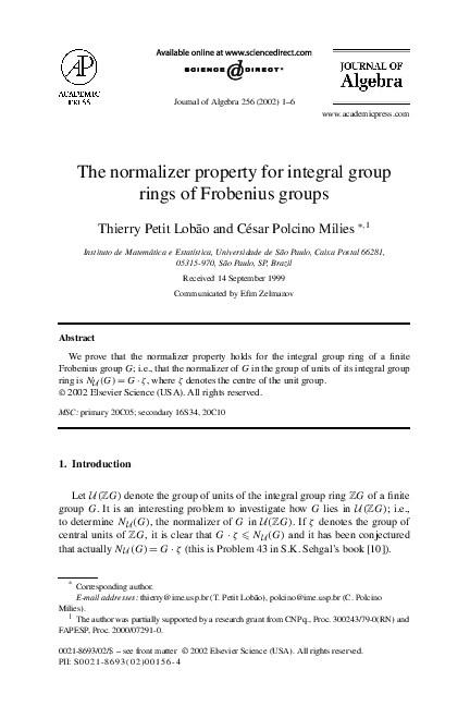 (PDF) The normalizer property for integral group rings of Frobenius groups