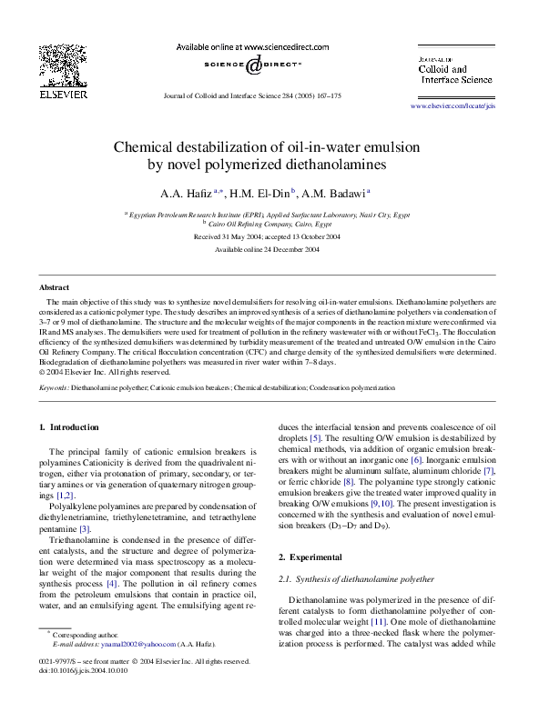 (PDF) Chemical destabilization of oil-in-water emulsion by novel ...