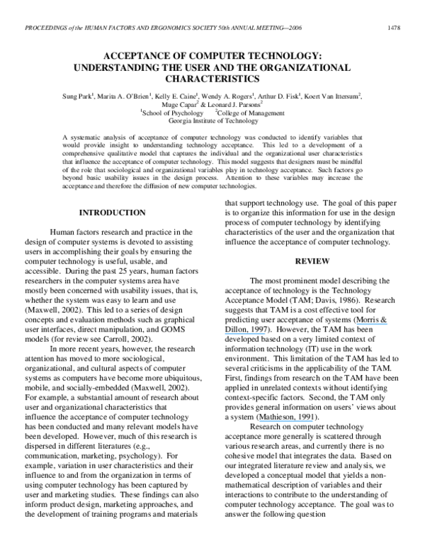 (PDF) ACCEPTANCE OF COMPUTER TECHNOLOGY: UNDERSTANDING THE USER AND THE ...