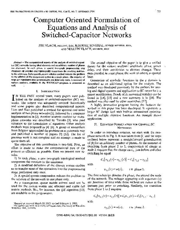 (PDF) Computer oriented formulation of equations and analysis of switched-capacitor networks