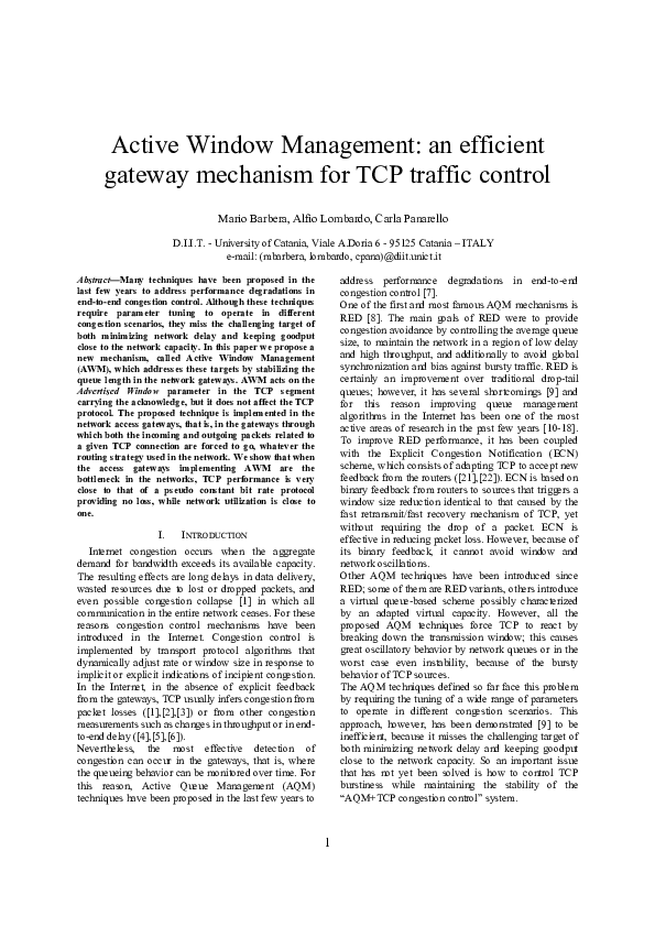 (PDF) Active Window Management: An Efficient Gateway Mechanism for TCP Traffic Control
