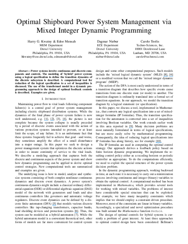 Pdf Optimal Shipboard Power System Management Via Mixed Integer Dynamic Programming