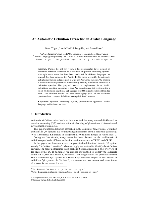 (PDF) An automatic definition extraction in Arabic language (PDF) An automatic definition extraction in Arabic language