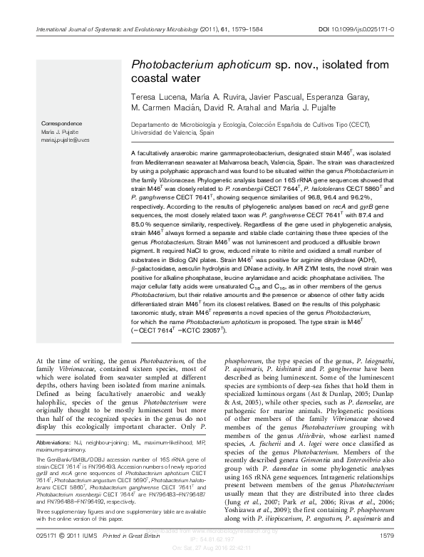 (PDF) Photobacterium aphoticum sp. nov., isolated from coastal water