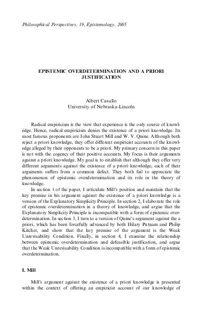 (PDF) Epistemic Overdetermination and A Priori Justification