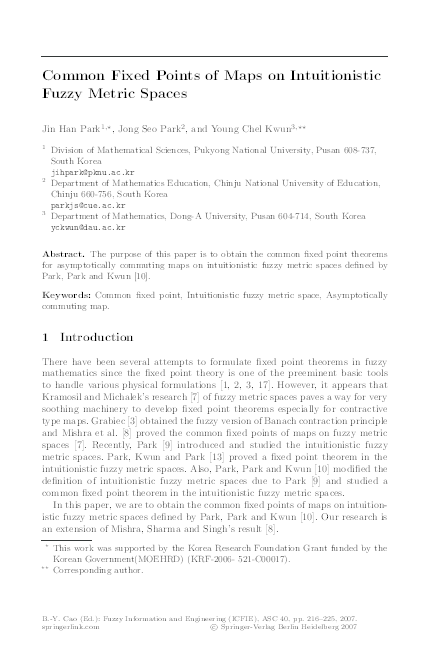 Pdf Common Fixed Points Of Maps On Intuitionistic Fuzzy Metric Spaces Jin Han Park