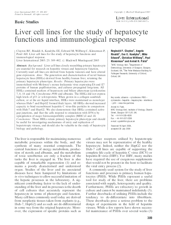 (PDF) Liver cell lines for the study of hepatocyte functions and ...