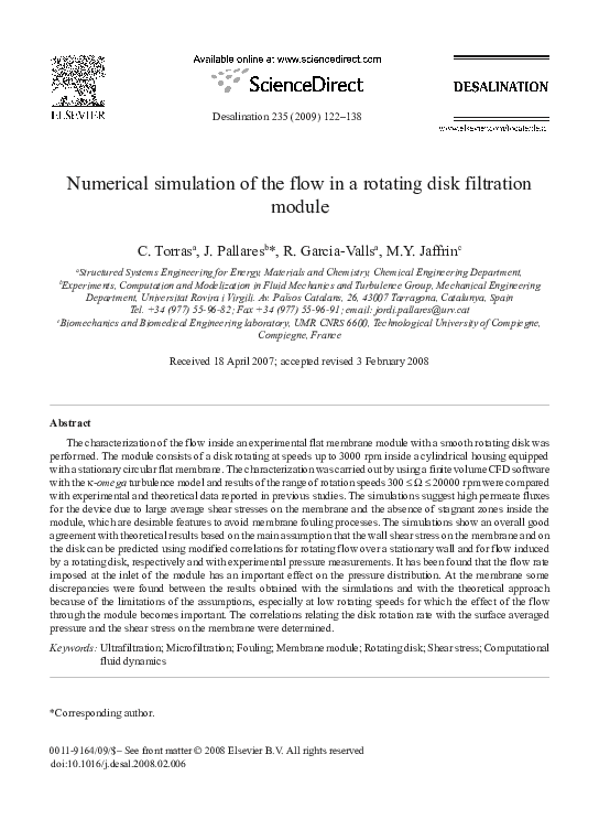 Pdf Numerical Simulation Of The Flow In A Rotating Disk Filtration Module