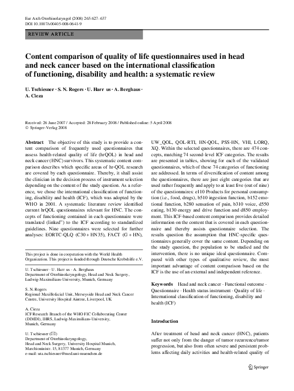 (PDF) Content comparison of quality of life questionnaires used in head and neck cancer based on ...