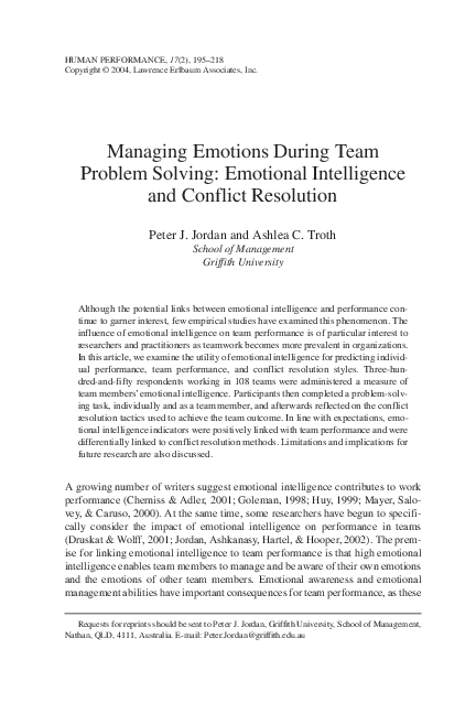 Managing Emotions During Team Problem Solving: Emotional Intelligence ...