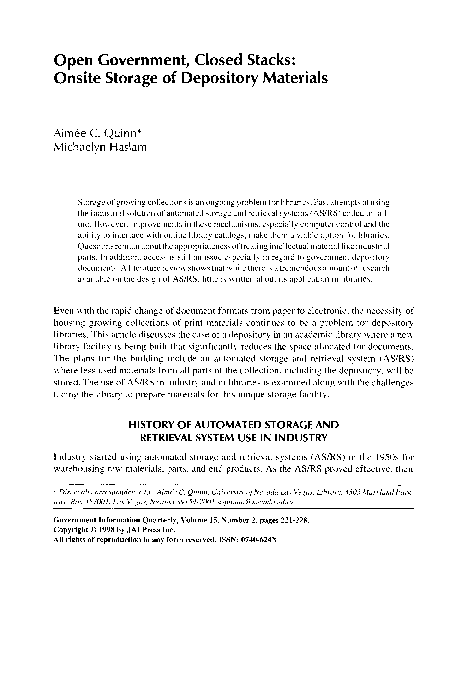 (PDF) Open government, closed stacks: Onsite storage of depository ...
