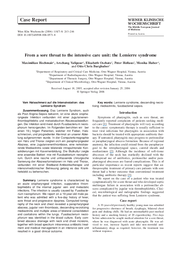 (PDF) Vom Halsschmerz auf die Intensivstation: das Lemierre Syndrom