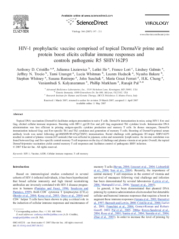 (PDF) HIV1 prophylactic vaccine comprised of topical DermaVir prime and ...