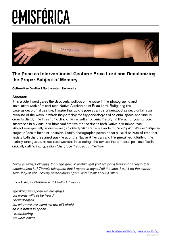 (PDF) The Pose as Interventionist Gesture: Erica Lord and Decolonizing ...