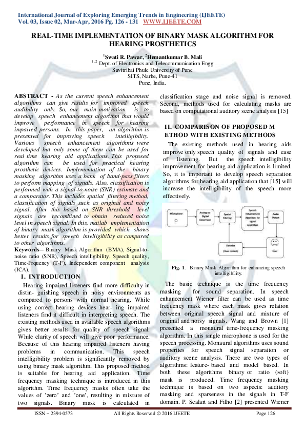Pdf Real Time Implementation Of Binary Mask Algorithm For Hearing Prosthetics