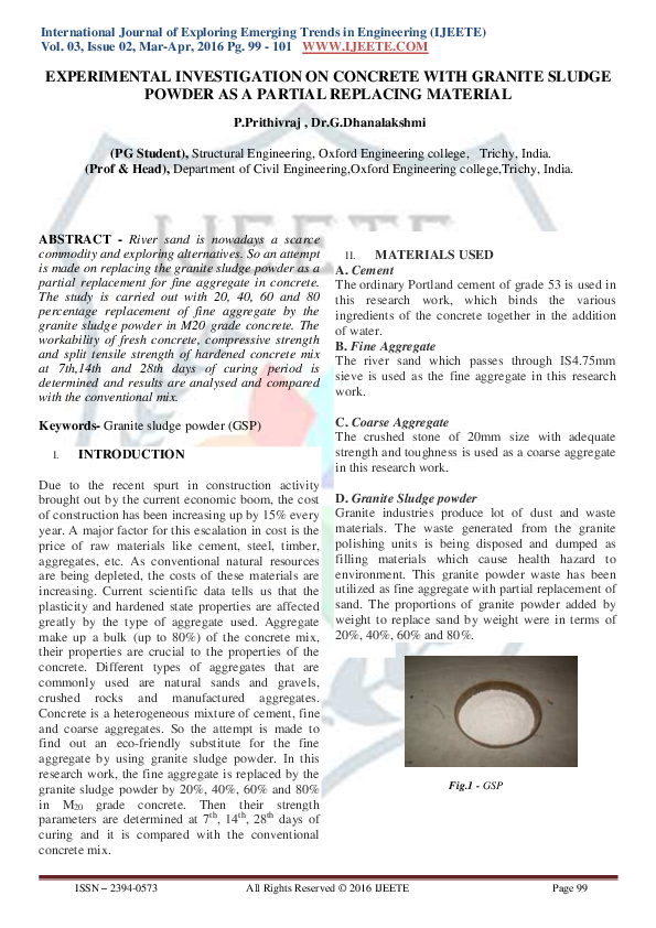 (PDF) EXPERIMENTAL INVESTIGATION ON CONCRETE WITH GRANITE SLUDGE POWDER ...