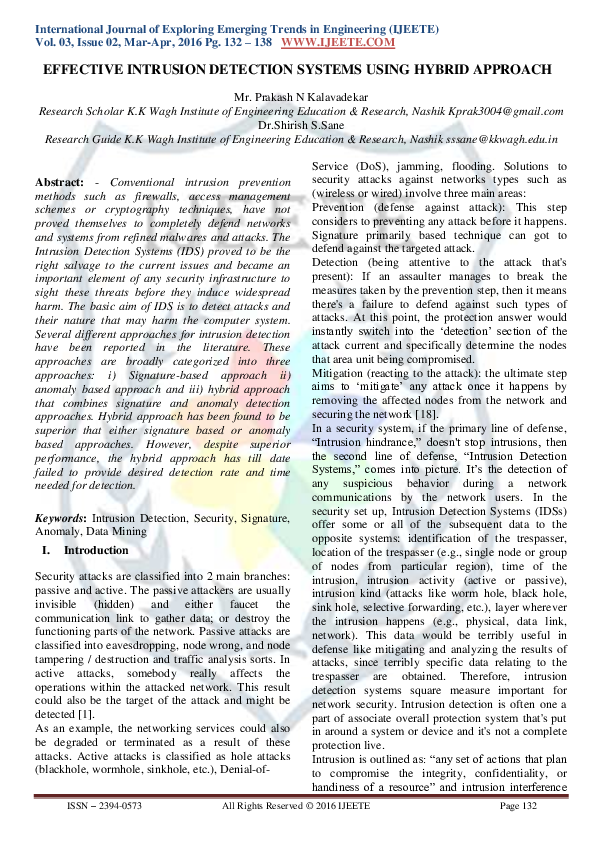 Pdf Effective Intrusion Detection Systems Using Hybrid Approach