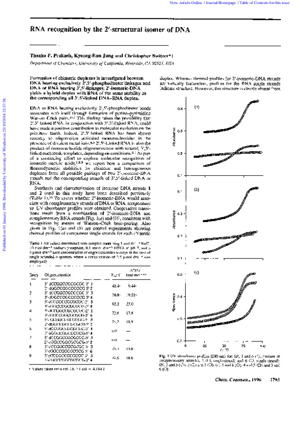 (PDF) RNA recognition by the 2?-structural isomer of DNA