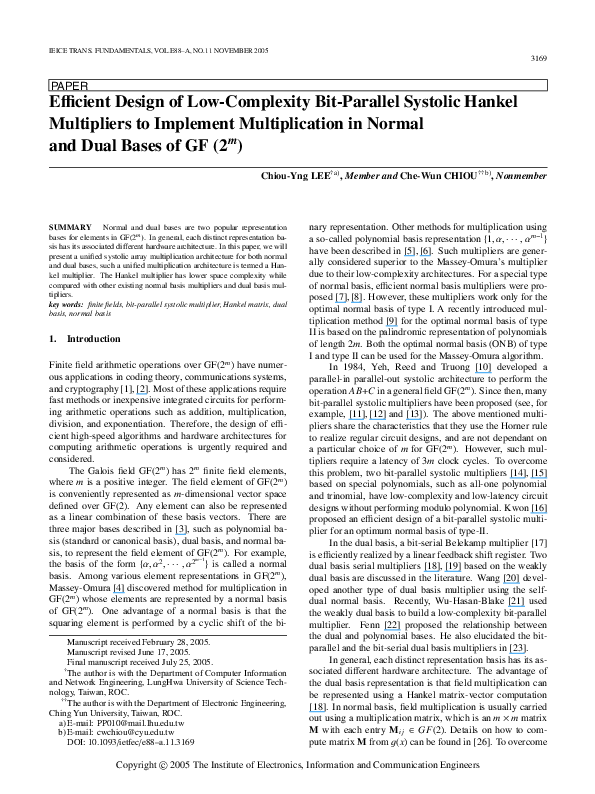 Pdf Efficient Design Of Low Complexity Bit Parallel Systolic Hankel