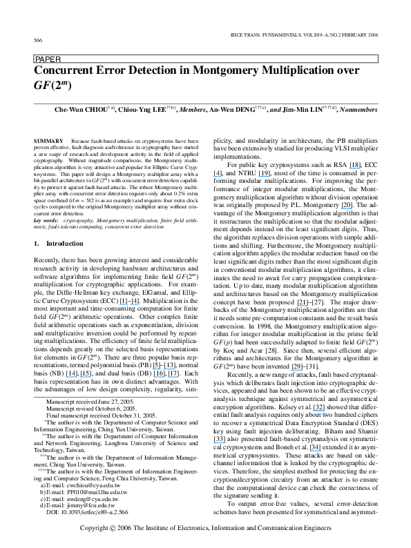 Pdf Concurrent Error Detection In Montgomery Multiplication Over Gf 2m