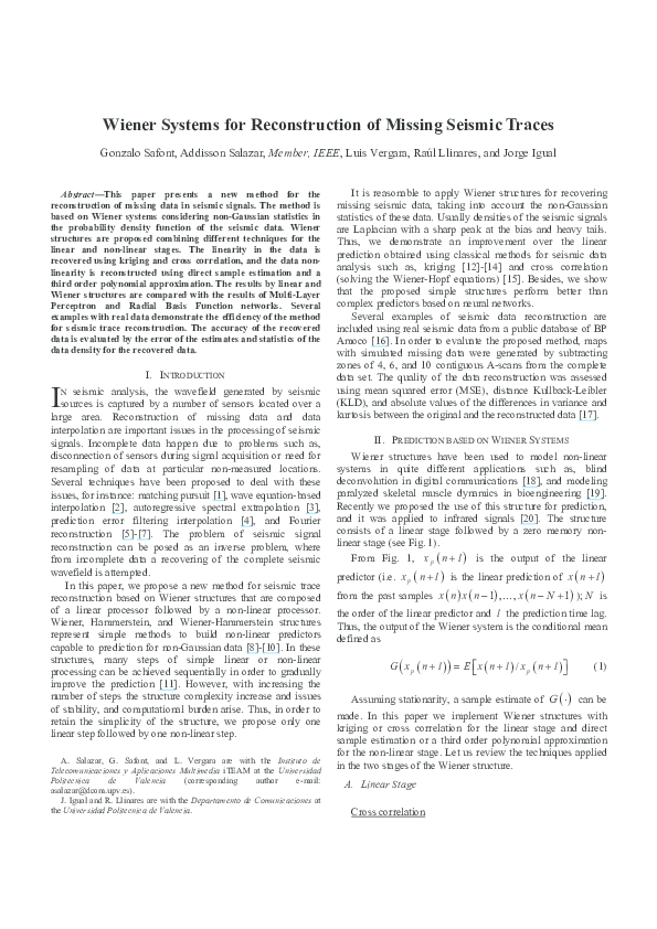 (PDF) Wiener systems for reconstruction of missing seismic traces