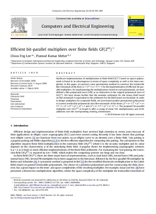 Pdf Efficient Bit Parallel Multipliers Over Finite Fields Gf2m 