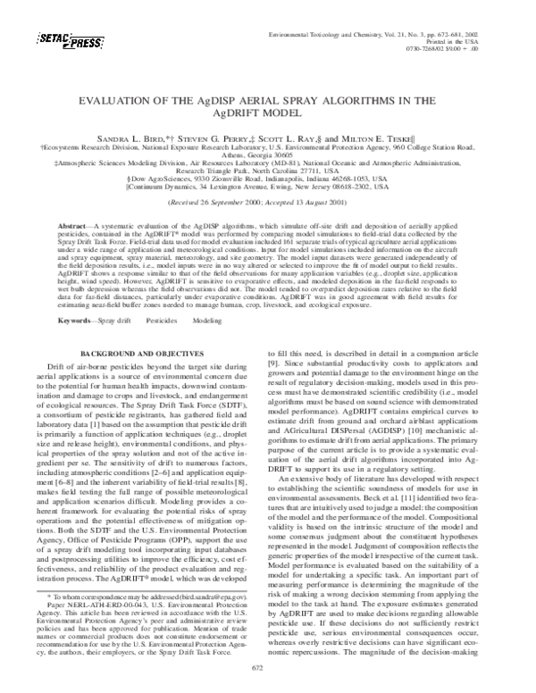 (PDF) EVALUATION OF THE AgDISP AERIAL SPRAY ALGORITHMS IN THE AgDRIFT MODEL
