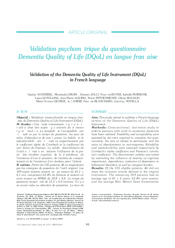 (PDF) Validation psychométrique du Dementia Quality of Life (DQoL) en ...