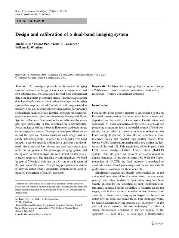 (PDF) Design and calibration of a dual-band imaging system | Bosoon ...